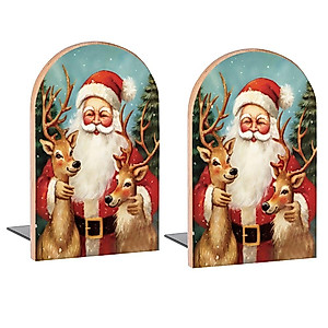 Christmas Vintage Santa Cute Deer Book Ends Decorative Wood Bookends for Shelves Kids Room Desk Home Office Book Stoppers for Magazines,Books, DVDs, 1 Pair/2 Pieces(5x3.1 in)
