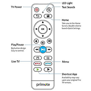 Primote Remote for Insignia Fire/Smart TV for Toshiba Fire TV - TV/Soundbar Volume Control -Support Learning IR Devices [No Voice Search, NOT for Fire Stick]
