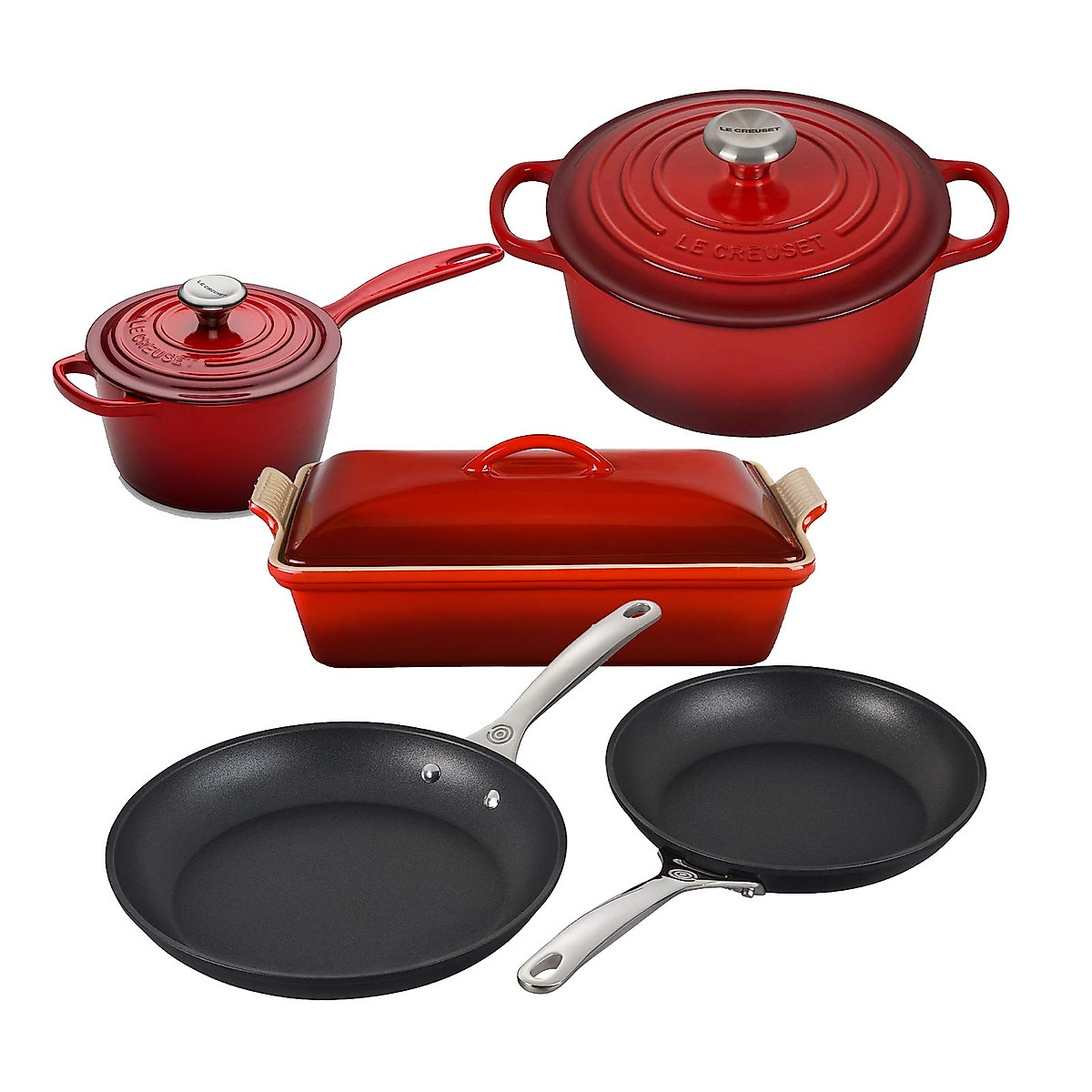 Le Creuset 8 Piece Multi-Purpose Enameled Cast Iron with SS Knobs, Stoneware, and Toughened Nonstick PRO Fry Pan Complete Cookware Set - Cerise