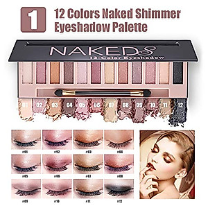 All in One Makeup Kit, Includes 12 Colors Naked Eyeshadow Palette, 5Pcs Makeup Brushes, Waterproof Eyeliner Pencils, Eyebrow Powder and Quicksand Cosmetic Bag, Gift Set for Women, Girls & Teens