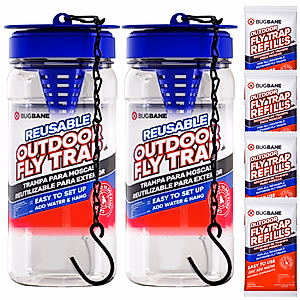 2 Reusable Fly Traps Outdoor Fly Traps with 4 Natural Fly Magnet Bait Refill. Flies Trap Outdoor Reusable Fly Trap Jar Fly Trap Fly Catchers Outdoor Fly Bait Fly Bags Flytraps Stable Fly Trap Bait