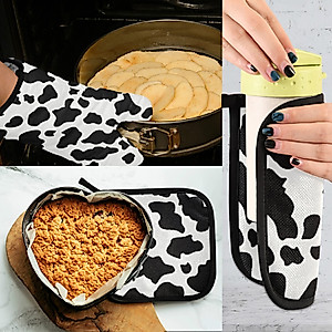 Cow Print Oven Mitts and Pot Holders Sets Washable Reusable Heat Resistant Oven Gloves Hot Pad Potholder for Baking BBQ Cooking