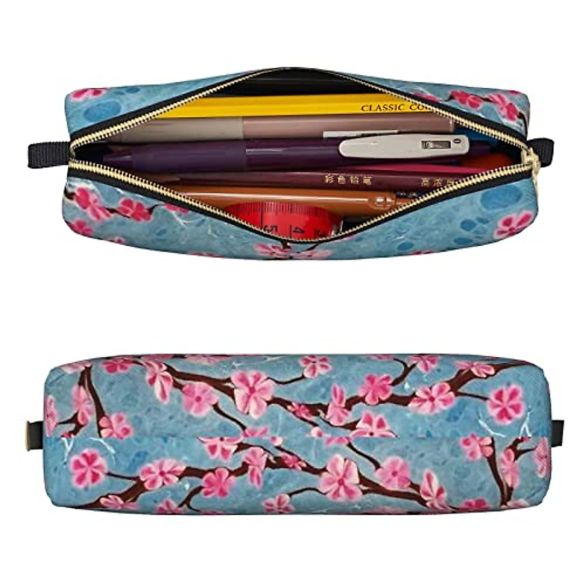 Cherry Blossom Sakura Leather Pencil Case Bag with Zipper Women Makeup Bag Durable Portable Suitable for School Work and Office 8.3 x 2.2 In
