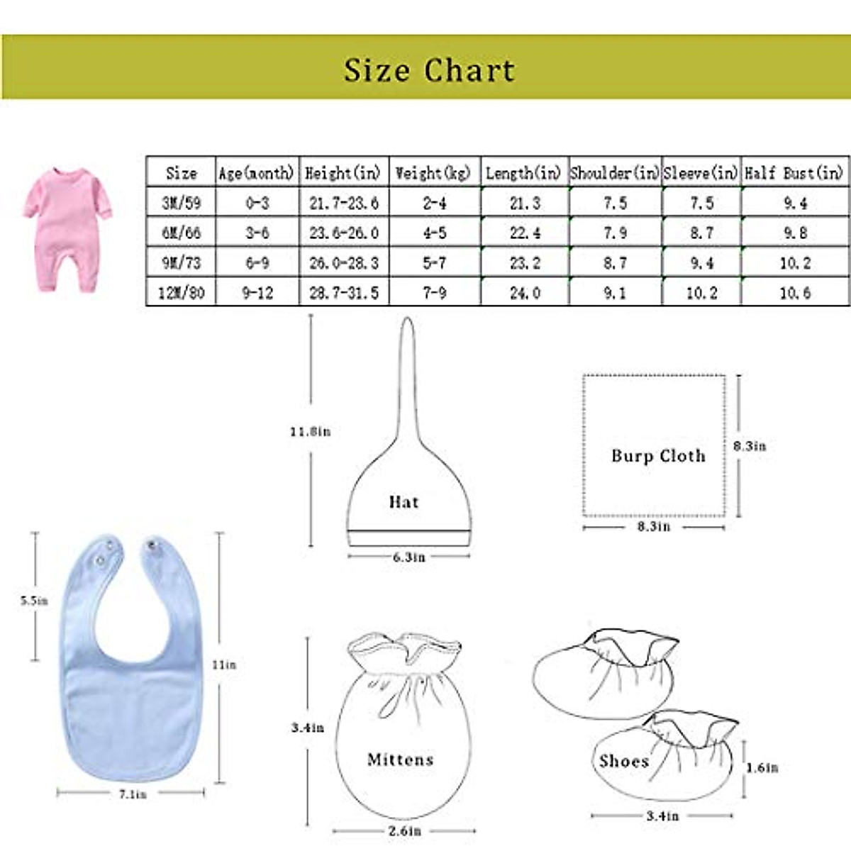 Infant Romper+Burp Cloth+Bib+Mittens+Shoes+Cap Set Breathable Healthy Fabric Tops for Baby (Pink, (0-3) month)