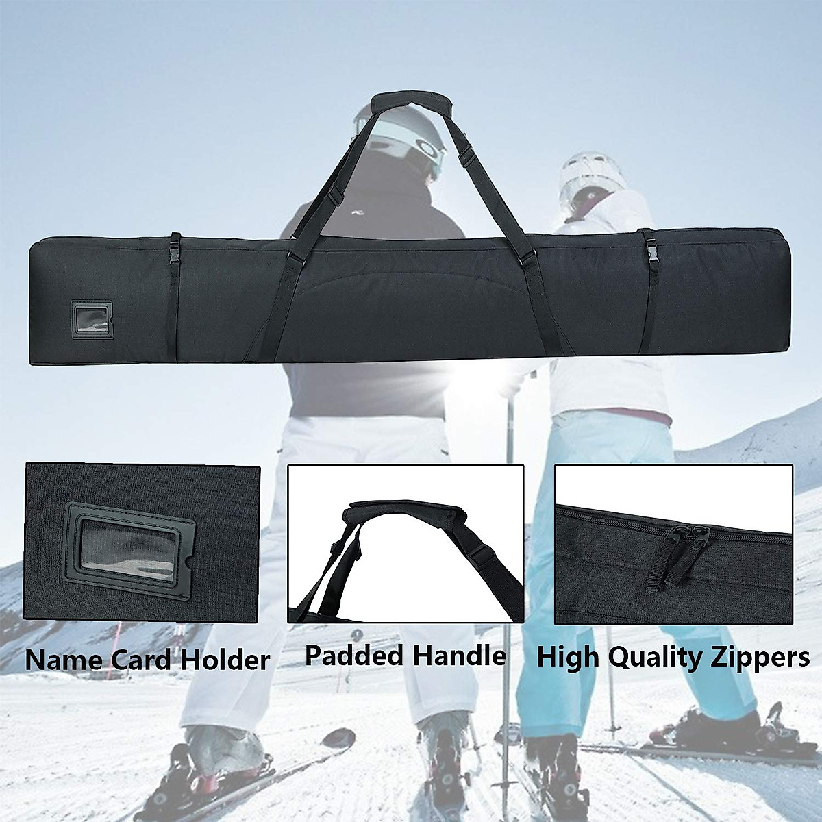 G GATRIAL Snow Padded Ski Bags for Air Travel - Single Ski Carry Bag for Cross Country, Downhill, Ski Clothes, Snow Gear, Poles and Accessories for Ski Carrier Travel Luggage Case Black 185CM