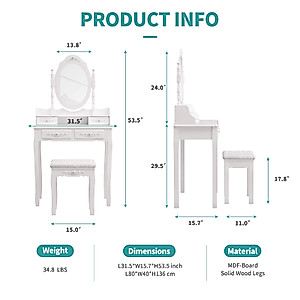 Mecor Vanity Table Set ,Makeup Table with Oval Mirror & Stool, Bedroom Wood Dressing Table with 4 Drawers White