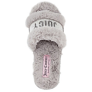 Juicy Couture Women's Luxe Faux Fur Slide Slippers with Embellished Strap, Cozy Indoor/Outdoor Fuzzy Slip-On Sandals, Halo - Grey, Size 9