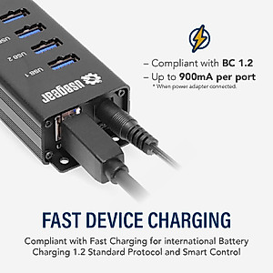 4-Port USB 3.2 Gen 1 Mountable Charging and SuperSpeed Data Hub with 5V/2A Power Adapter and USB Type-A to Type-B Cable Up to 900mA per Port Charging Function Wall and Surface Mounting
