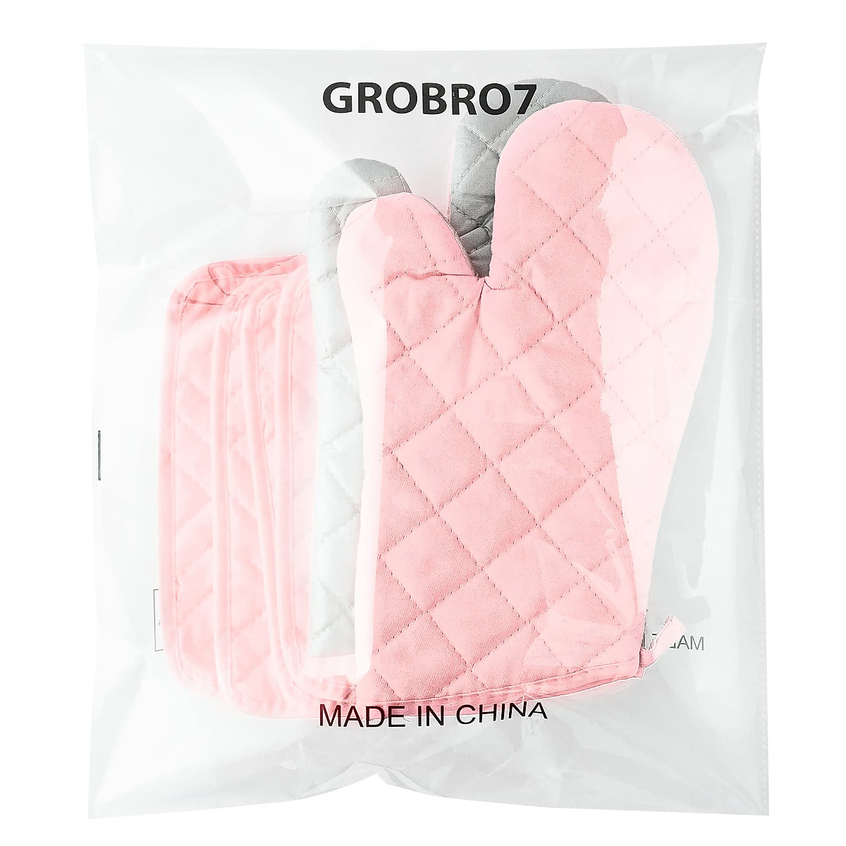 GROBRO7 6Pcs Cotton Oven Mitts and Pot Holders Set Heat Resistant Hot Pads Durable Pocket Pot Holder Machine Washable BBQ Gloves with Hanging Loop for Safe Kitchen Baking Cooking Grilling Pink