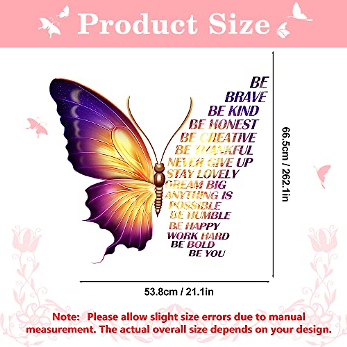 Large Colorful Inspirational Wall Decals Quotes Vinyl Butterfly Wall Art Stickers Motivational Phrase Positive Saying Wall Decals for Kids Girls Classroom Playroom Woman Bedroom Living Room Wall Decor