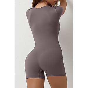 QINSEN Women's Rompers Sexy One Piece Short Sleeve Tummy Control Unitard Jumpsuits Dark Grey L