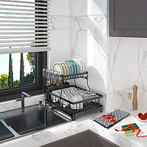 Dish Drying Rack with Drainboard,2-Tier Dish Racks for Kitchen Counter, Rustproof Drainer Set with Utensils Holder, Large Capacity Dish Strainers with Utensils Holder, Extra Drying Mat and Scrub Spong