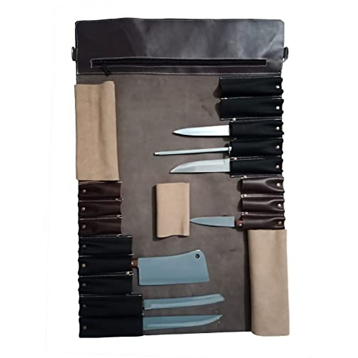 Professional Chef Genuine Premium Cowhide Leather Chef Knife Bag/Knife Roll 16 Pockets Space #F15 (Dark Brown)