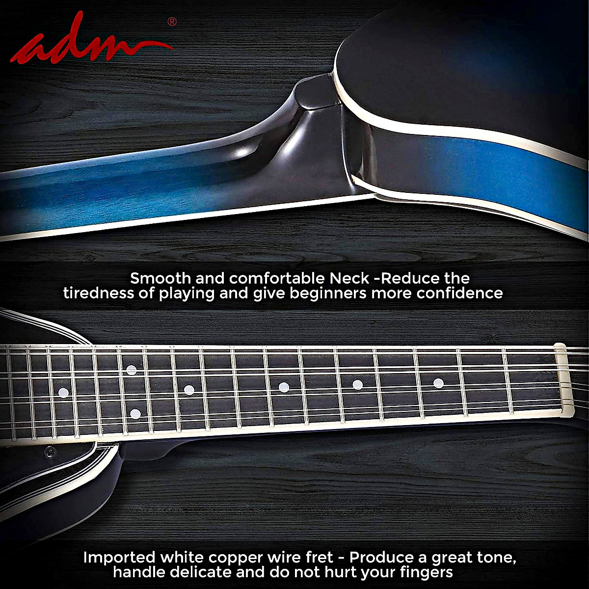 ADM Acoustic Mandolin Instrument Kit Music A Style for Kids Students Adults Wood Mandolins Beginner Set With Bag, Tuner, EQ, Strap, Strings, Picks and Hanger, Blue