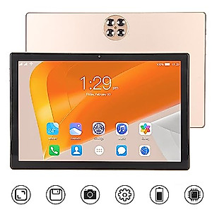 Luqeeg 2 in 1 Tablet, Dual SIM Dual Standby Gold 100‑240V Octa Core CPU 10.1 Inch FHD Tablet 128GB Expandable 4G Calling 5G WiFi for Work (US Plug)