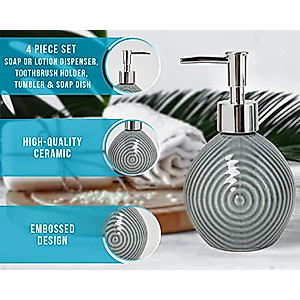 Designer 4-Piece Bathroom Accessory Set – Ceramic Bath Set w/Liquid Soap or Lotion Dispenser, Toothbrush Holder, Tumbler and Soap Dish – Decorative Set w/Embossed Details – Modern Vanity Accessories