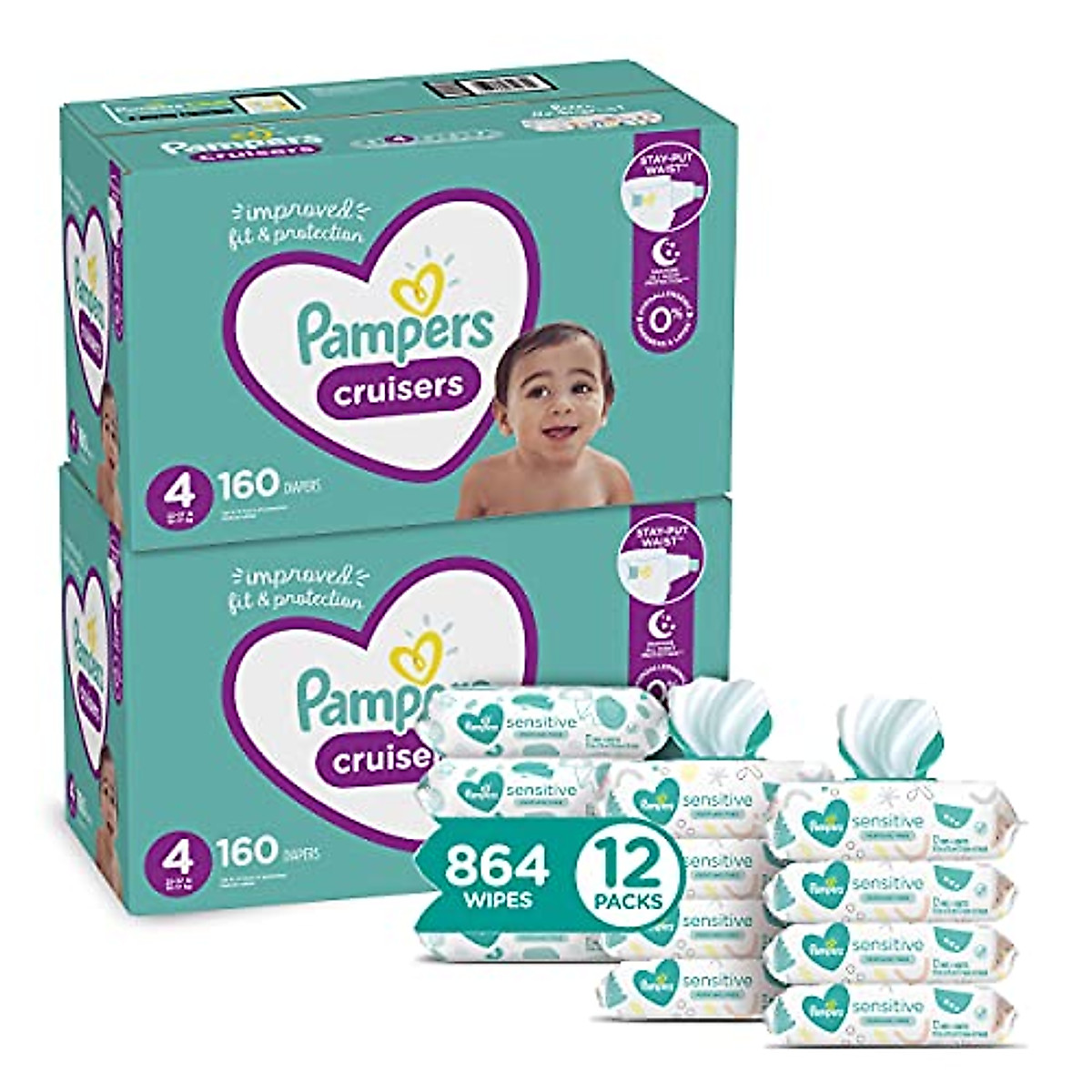 Pampers Cruisers Disposable Baby Diapers Size 4, 2 Month Supply (2 x 160 Count) with Sensitive Water Based Baby Wipes, 12X Pop-Top Packs (864 Count)