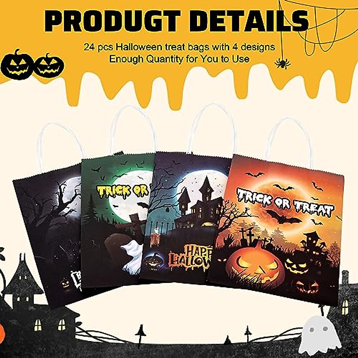 PAICUIKE 24 Pcs Halloween Paper Gift Bags - 6.3x3.1x8.3Inch Small Trick or Treat Gift Bags with Handles, Ideal for Kids' Parties