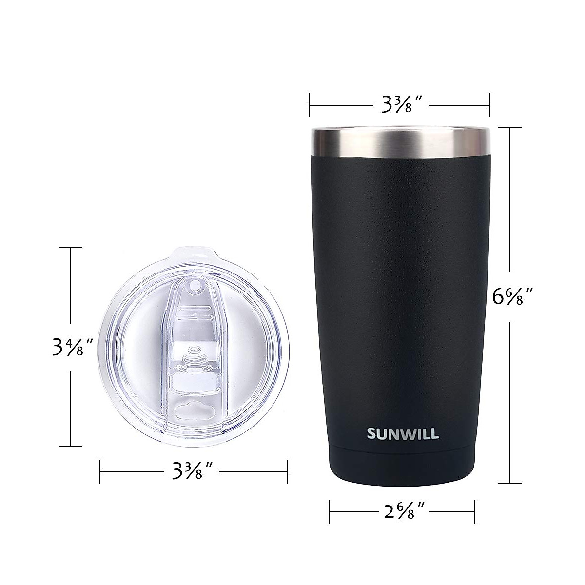 SUNWILL Travel Coffee Mug with Lid, 20 oz Tumbler Set of 2, Insulated Stainless Steel Cup for Water, Tea, Ice, Powder Coated Black 2 pack