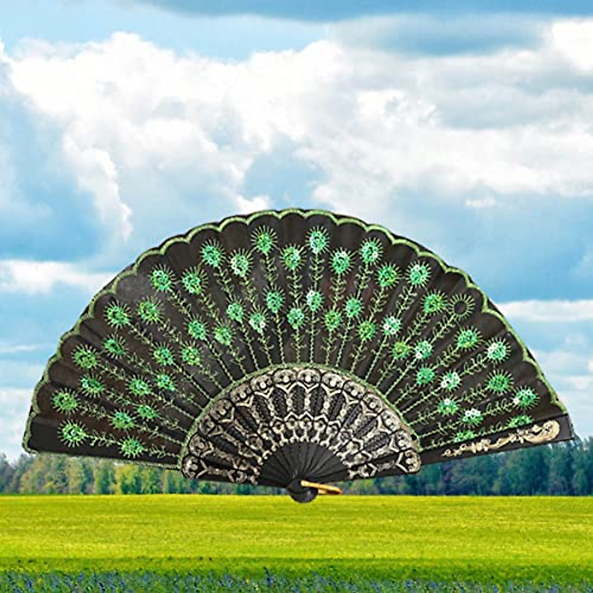 RAZZUM 2 Pcs Handmade Sequins Peacock Dancing Fans Foldable Fan Sequin Fan Hand Fans for Women Peacock Fan Folding Fan Spanish Hand Fan Flower Folding Fan Summer Handheld Fan Silk Fan Fan