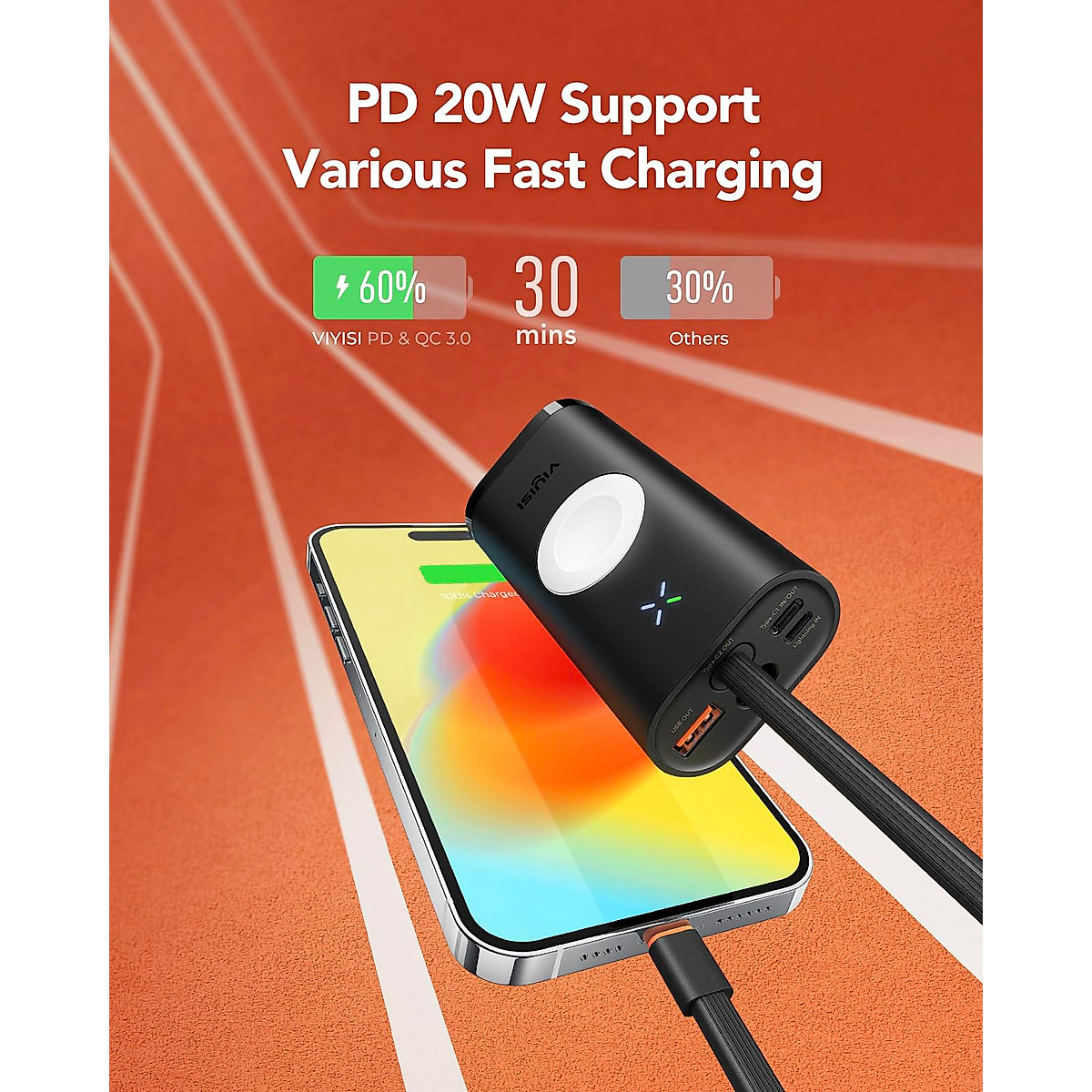 VIYISI Portable Charger for Apple Watch, 10000mAh Power Bank 20W PD Fast Charging Battery Pack for iPhone, Compatible with Apple Watch Series Ultra/8/7/6/Se/5/4/3/2/1/iPhone14/14 Pro Max/13/12 - Black