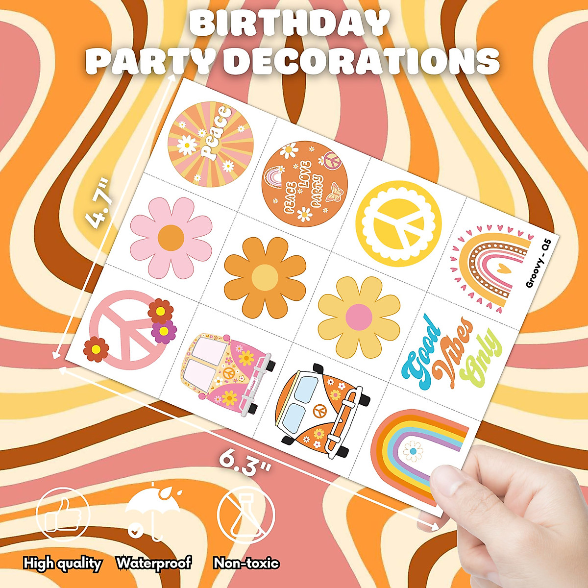 96PCS One Two Groovy 60s 70s Temporary Tattoos Birthday Theme Party Supplies Decorations Favors Decor Cute Retro Boho Hippie Rainbow Bus Tattoo Stickers Gifts for Kids Boys Girls Class Prizes Carnival