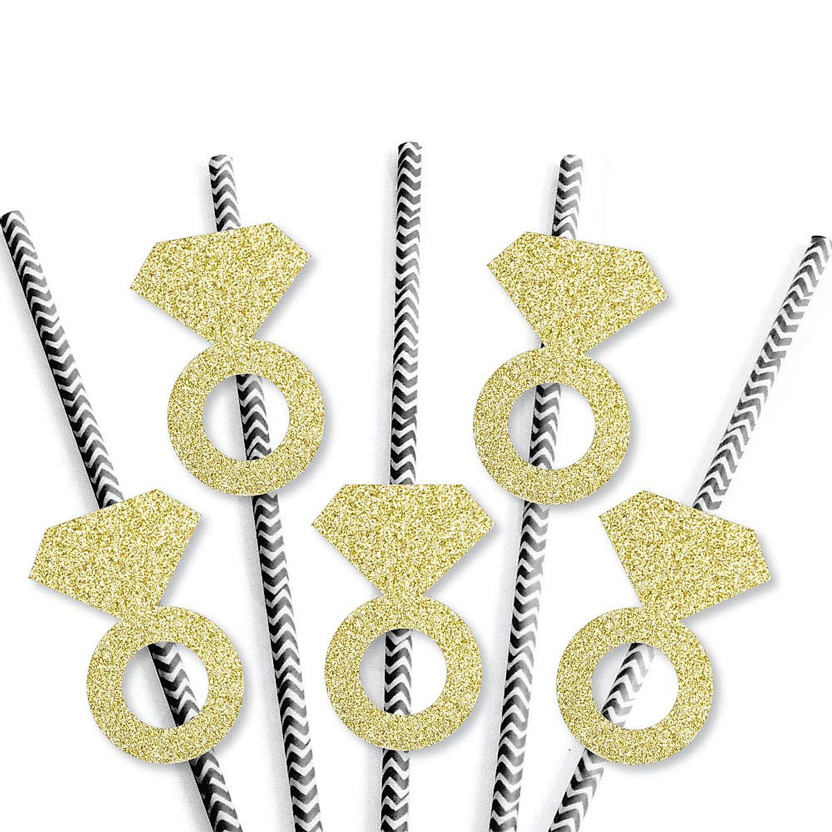 Gold Glitter Diamond Ring Party Straws - No-Mess Real Gold Glitter Cut-Outs and Decorative Bridal Shower or Bachelorette Party Paper Straws - Set of 24