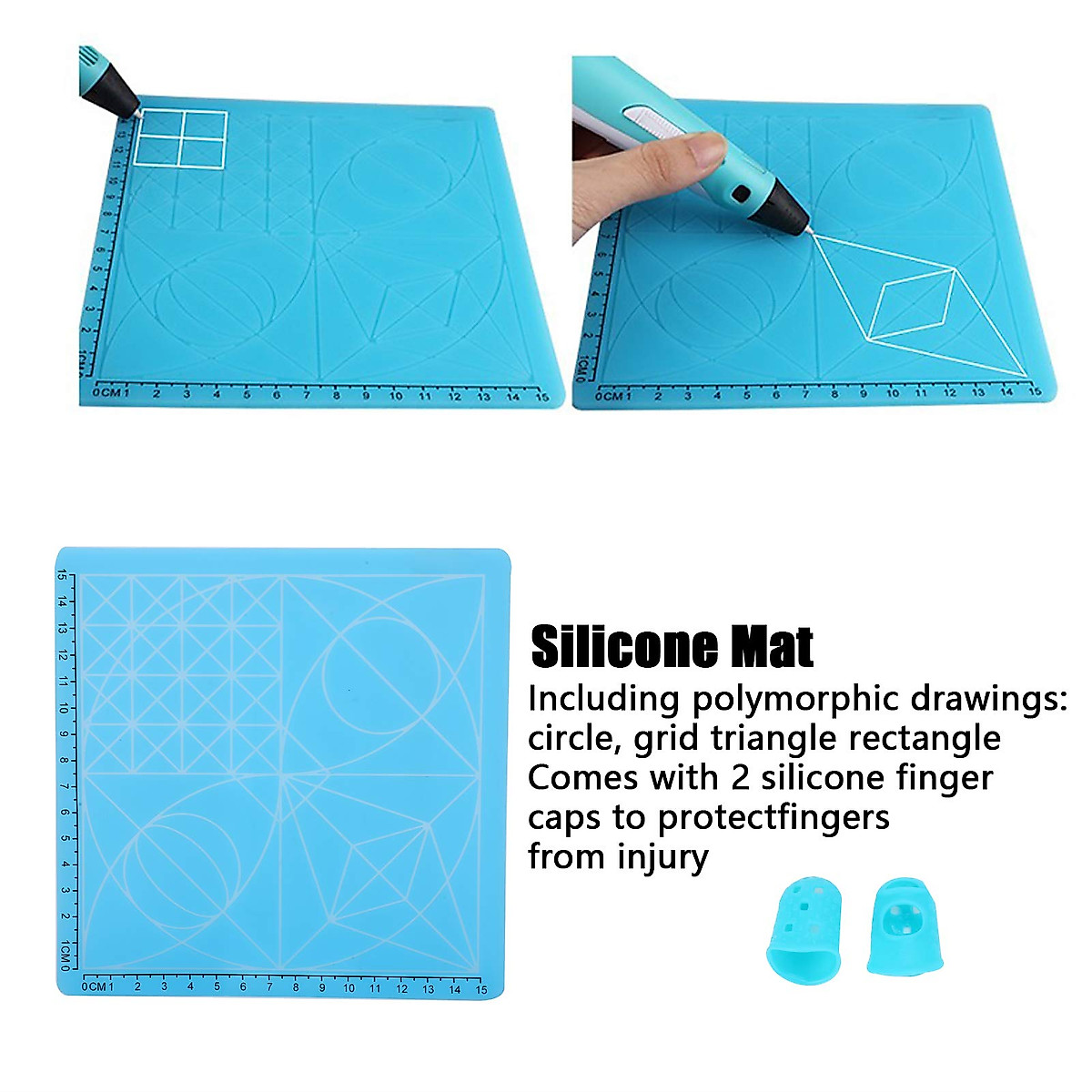 YILUFA 3D Printing Pen Silicone Pad Blue Copy Board Soft Mat Drawing Tool with Finger Caps,Material Silicone,Blue 170mm / 6.7in,