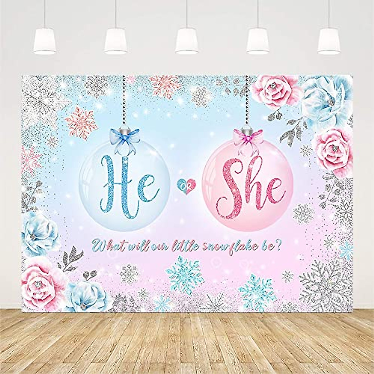 AIBIIN 7x5ft Winter Snowflake Gender Reveal Backdrop Pink or Blue He or She What Will Baby Be Boy Girl Floral Photography Background Baby Shower Party Decoration Banner Supplies Photo Studio Props
