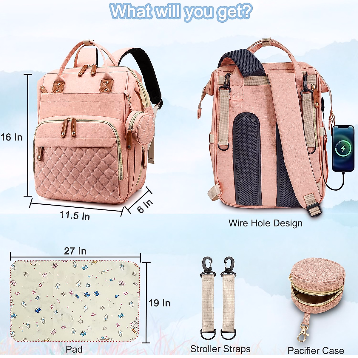 SHITIESHOU Diaper Bag Backpack Baby Bag, Baby Girl Boy Diaper Bag for Dad Mom with Pad,16 Pockets, Pacifier Case, Large Diaper Bag Unisex for Travel (Orange Pink)