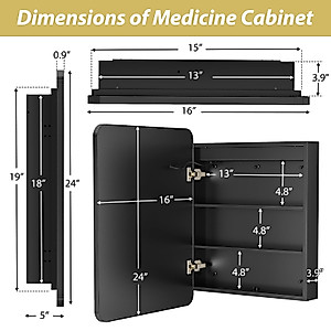 APRILSOUL 16X24 Inch Black Bathroom Medicine Cabinet with Mirror, Recessed or Surface Lighted Medicine Cabinet with 3 Colors Temperature, Dimmable Light