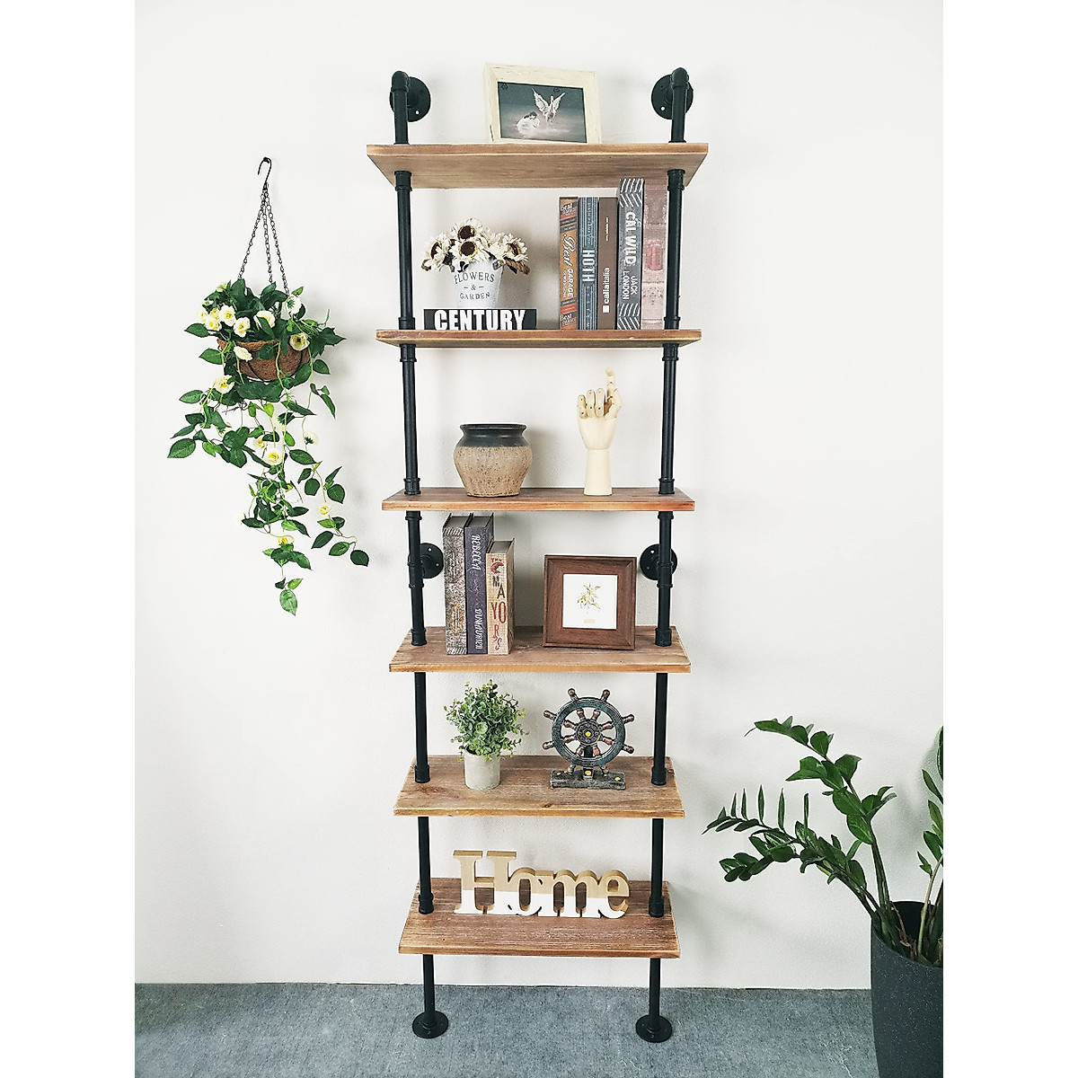 Anynice Industrial Ladder Pipe Shelves, Wall Mounted Rustic Bookshelf, Retro Metal Wood Bookcases (Weathered Brown, 6 Tier - 10" D x 24" W x 82.5" H)