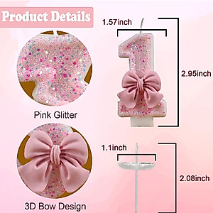 Pink Number 1 Birthday Candle, Girl 1st ​Birthday Party Pink Theme Decorations Supplies, 3D Bow Designed Glitter Pink Number Candles for Birthday Cake Topper Decorations (1 Candle Pink)