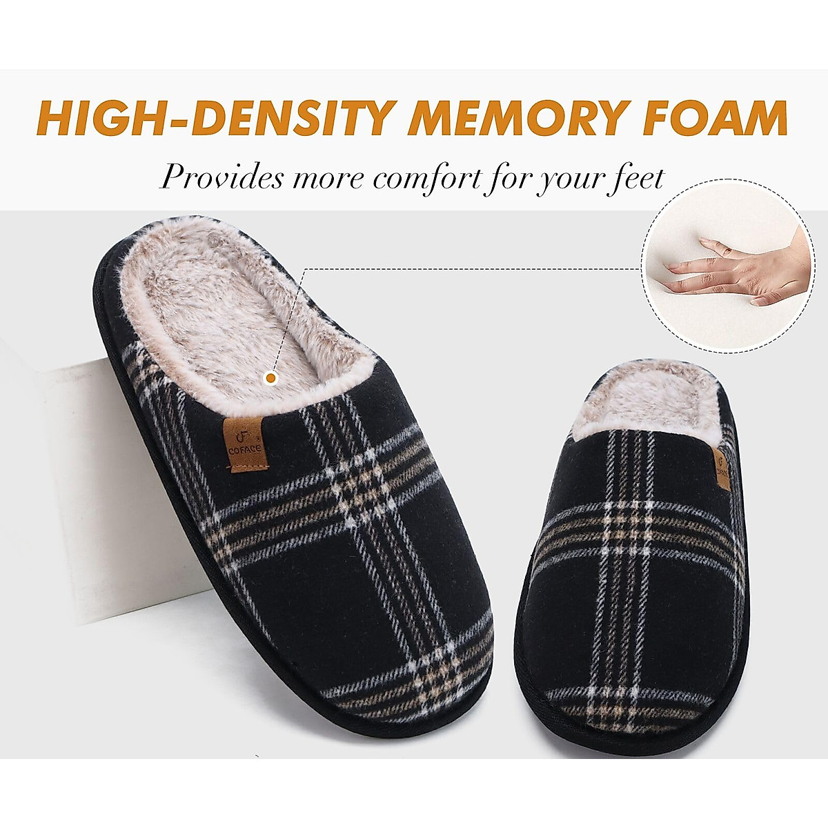 COFACE Mens Black Flano Plaid Cozy Memory Foam scuff Slippers Slip On Warm House Shoes Indoor/Outdoor With Best Arch Support Size 8.5