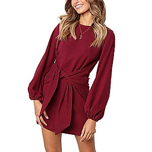 PRETTYGARDEN Women's Elegant Long Lantern Sleeve Short Dress Crewneck Tie Waist Knit Cocktail Dress (Wine Red,Large)