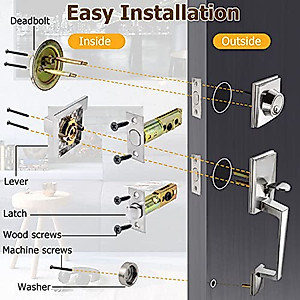 Azdele Satin Nickel Front Door Handle with Deadbolt and Lever Set, Modern Front Door Lock Set, Door Handle with Single Cylinder Deadbolt for Exterior Door, Reversible for Right&Left Handed