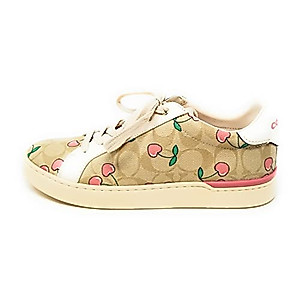 COACH Women's Clip Low Top Sneakers (Signature Canvas - Heart Cherry Print - Khaki/Pink, us_Footwear_Size_System, Adult, Women, Numeric, Medium, Numeric_9)