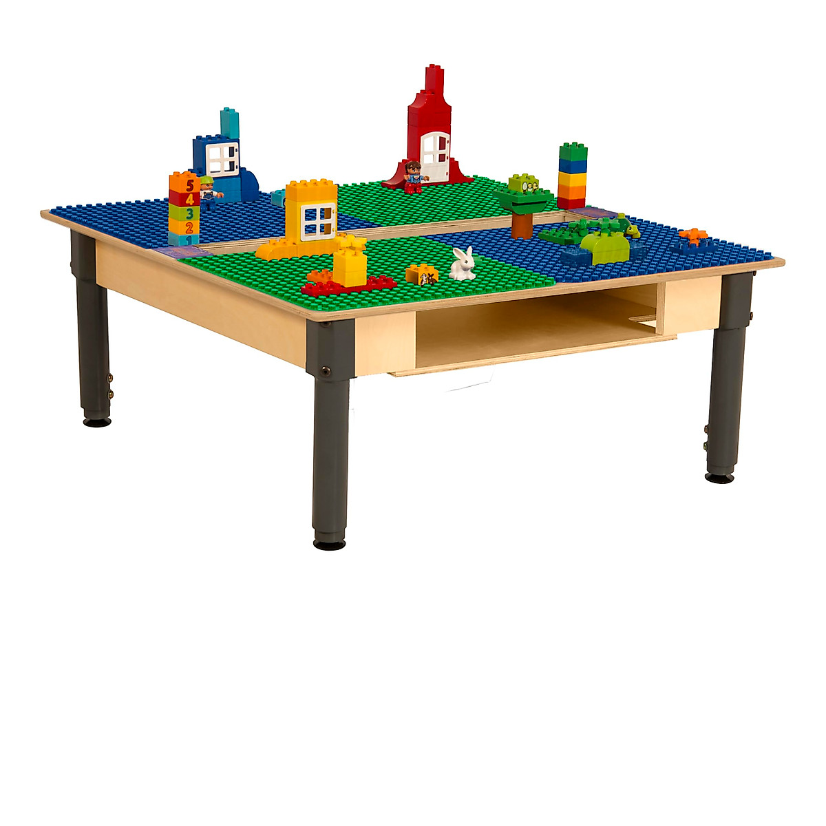Contender Time-2-Play 35" W Square Build & Learn Compatible with Duplo Table with Trough & Shelf (with Gliders, Blue & Green, 12”-17” Adjustable Legs)
