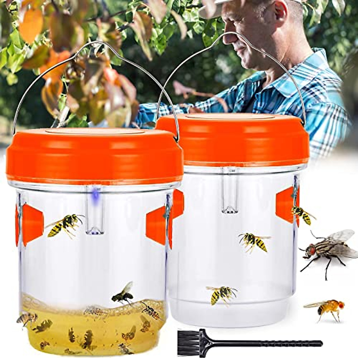 Wasp Traps Outdoor Hanging 2 Pack Fly Traps Bee Traps for Outside Light Attract Carpenter Bees Yellow Jackets Fruit Flies Mosquito Hornet Wood Bee Trap Solar Power Reusable Outdoor Indoor Waterproof