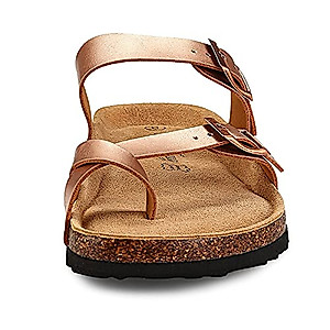 Real Fancy Women's Cork Footbed Sandals with Adjustable Crisscrossing Straps - Slip on Slide Sandals for Women/Ladies, Low Heel Arch Support (Gold,9)