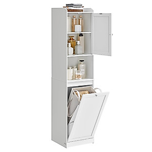 VASAGLE Tall Bathroom Cabinet with Laundry Basket, Removable Laundry Basket with Handles, Compartment with Door, Linen Tower, 15.8 x 15.8 x 66.9 Inches, Cloud White UBBC761W01
