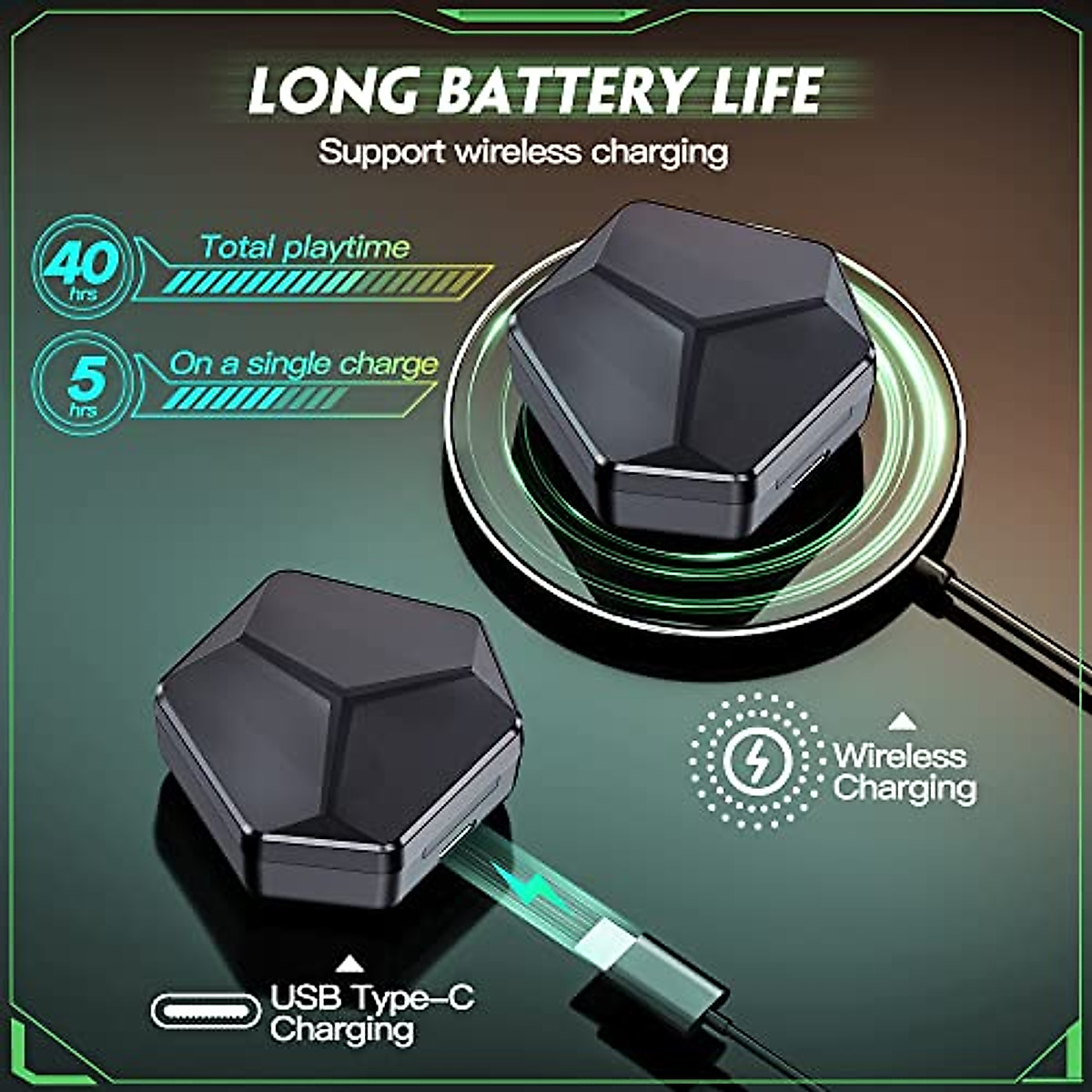 kurdene G03 Wireless Earbuds Bluetooth 5.3 Headphones with 45ms Ultra Low-Latency Deep Bass for Music/Game Mode, Built-in Microphones with Breathing Light Effect and Wireless Charging Case-Black