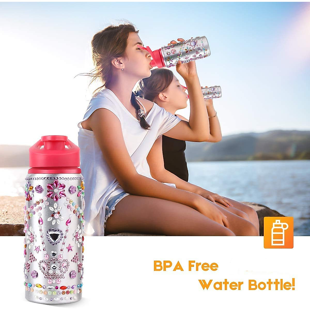 Gift for Girls, Decorate & Personalize Your Own Water Bottles with Tons of Rhinestone Glitter Gem Stickers, Reusable BPA Free 12 oz Kids Water Bottles Cute Gift, Fun DIY Art and Craft for Kid Pink