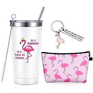 3 Pcs Flamingo Gifts for Women Including Cute Flamingo Stainless Steel Wine Tumbler with Straw and Brush Motivational Flamingo Keychain and Cosmetic Bag (Flamingo, 20 oz)