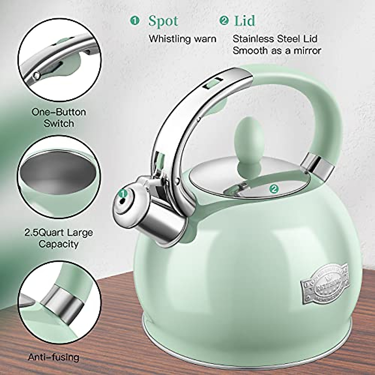 RETTBERG Tea Kettle for Stovetop Whistling Tea Kettles Retro Red Stainless Steel Teapots, 2.64 Quart (Mint Green)