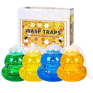 4 Pack Wasp Trap, Hornet Trap Outdoor, Bee Catcher for Outside, Yellow Jacket Killer Hanging, Fly Insect Killer, Yellow & Orange & Green & Blue