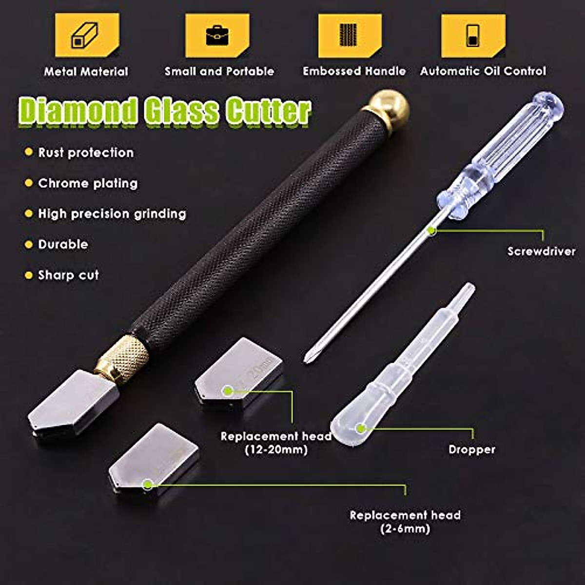 Keadic Professional Glass Cutter Tool Set with Glass Breaking Pliers, Glass Running Pliers, 2mm-20mm Oil Feed Carbide Tip with 2 Replaceable Blades for Mirrors/Windows/Mosaic/Stained Glass