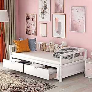 Wooden Daybed Extendable Bed with Two Storage Drawers, Sofa Bed for Bedroom Living Room, Twin/King Size (White with Drawers)