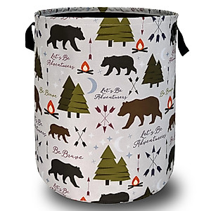 Funny Adventure Bear Forest Laundry Hamper Camping Laundry Basket With Handles Foldable Oxford Cloth Colorful Tote Bag Clothes Toy Storage Bucket 18.9"x16.5"For Bathroom/Laundry/Bedroom