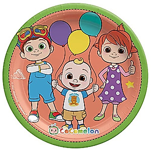 Amscan Cocomelon Birthday Party Supplies Bundle Pack includes 16 Dessert Plates, 16 Lunch Napkins, 16 Paper Cups, 1 Plastic Table Cover (Bundle for 16)